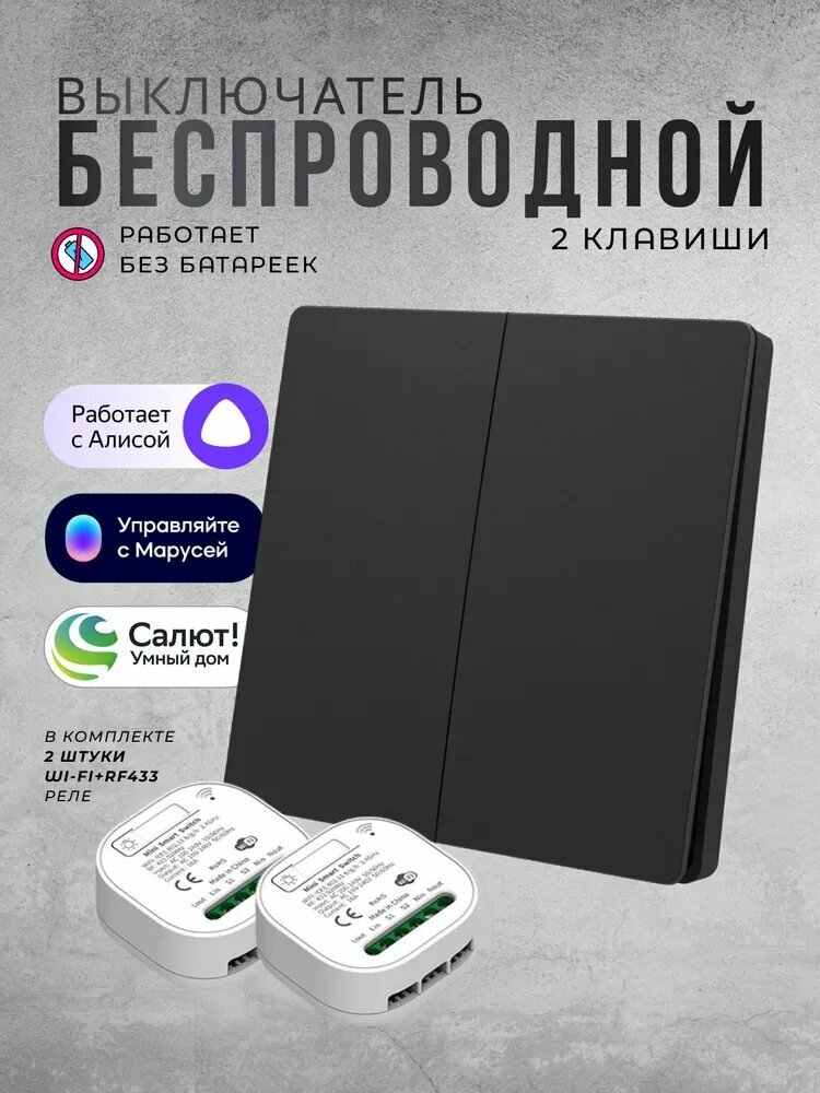 Беспроводной выключатель с Wi-Fi и RF433мГц двухклавишный, умный кинетический беспроводной выключатель + 2шт умное реле