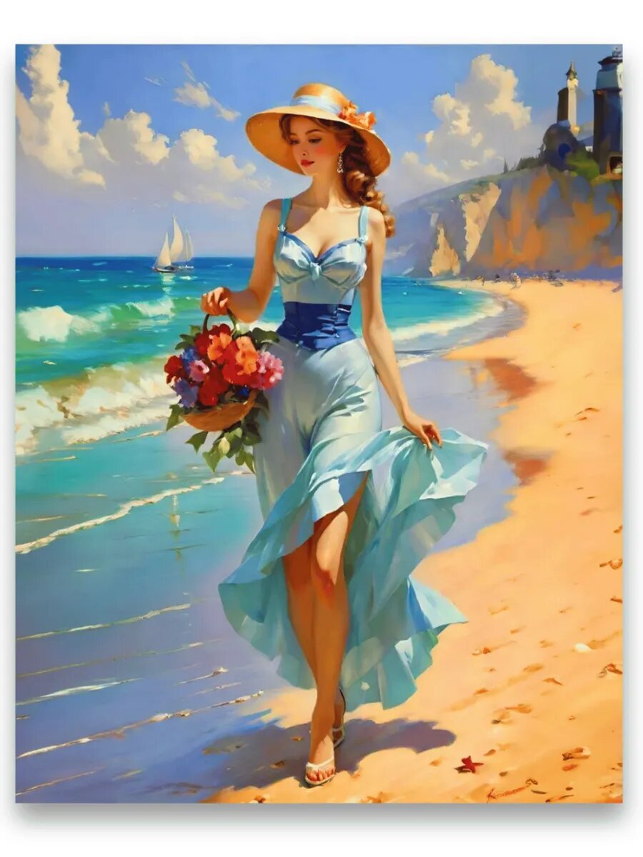 Картина по номерам 40x50 "Девушка в платье на берегу моря"