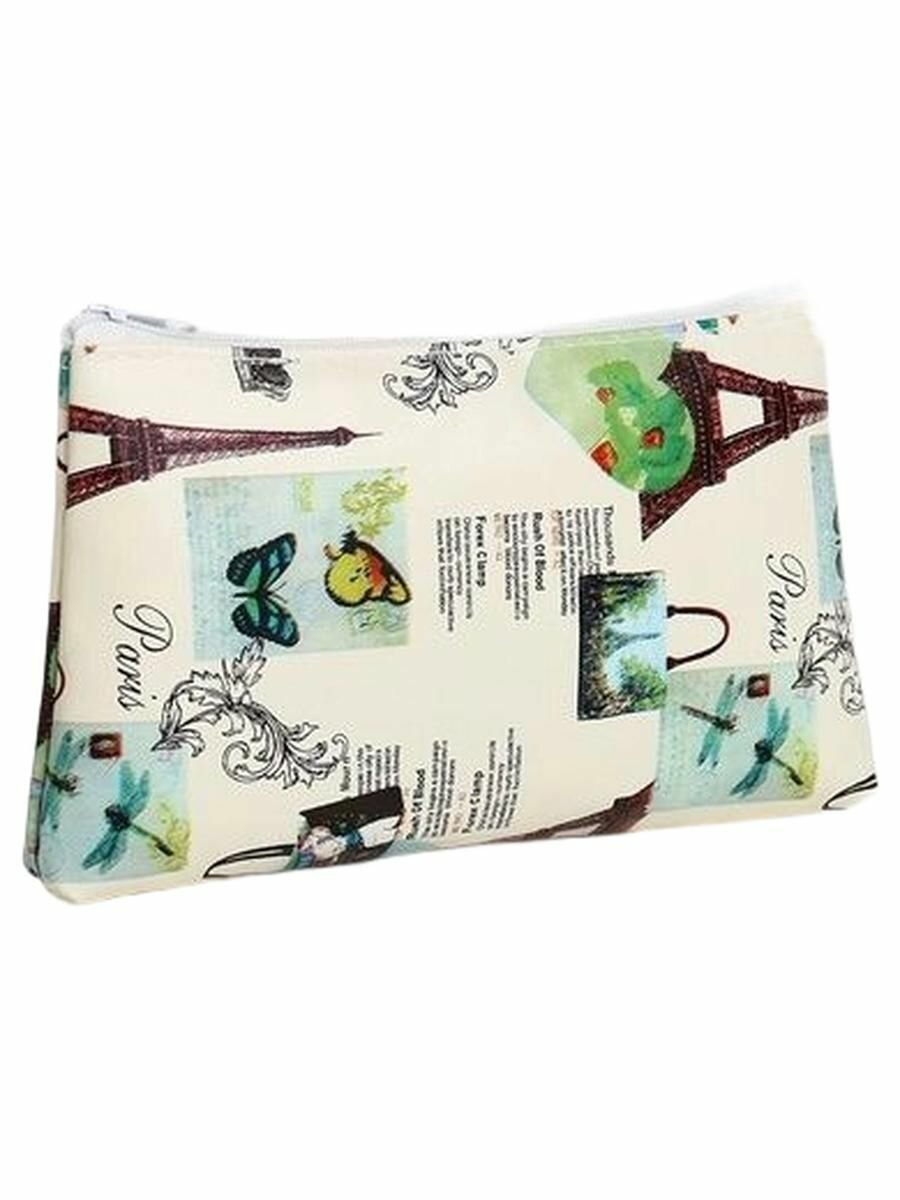 Косметичка-пенал на молнии, плоская, маленькая, с рисунком, бежевая/разноцветная