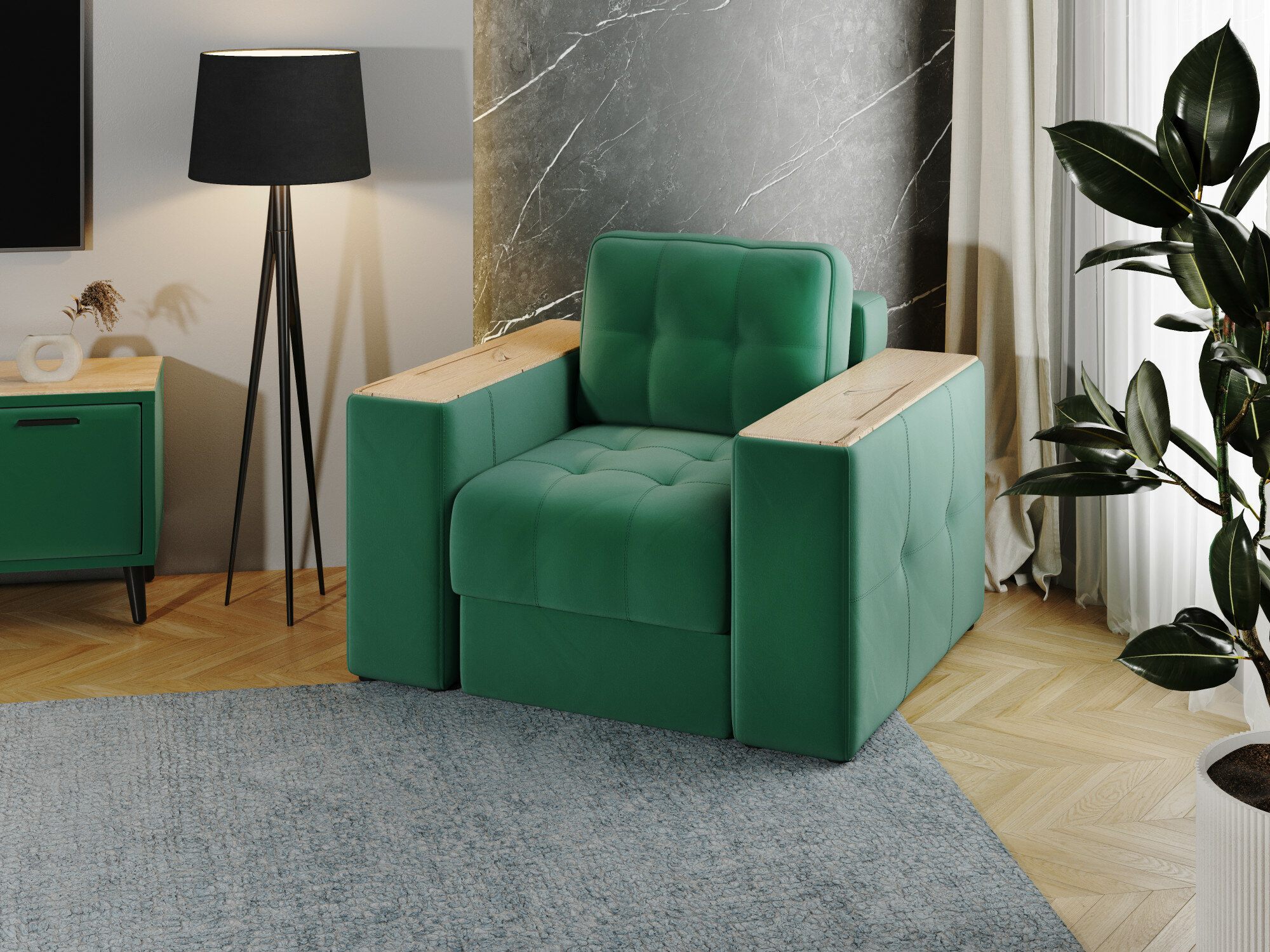 Кресло нераскладное, обивка двухслойный велюр, Изумруд/Дуб канадский