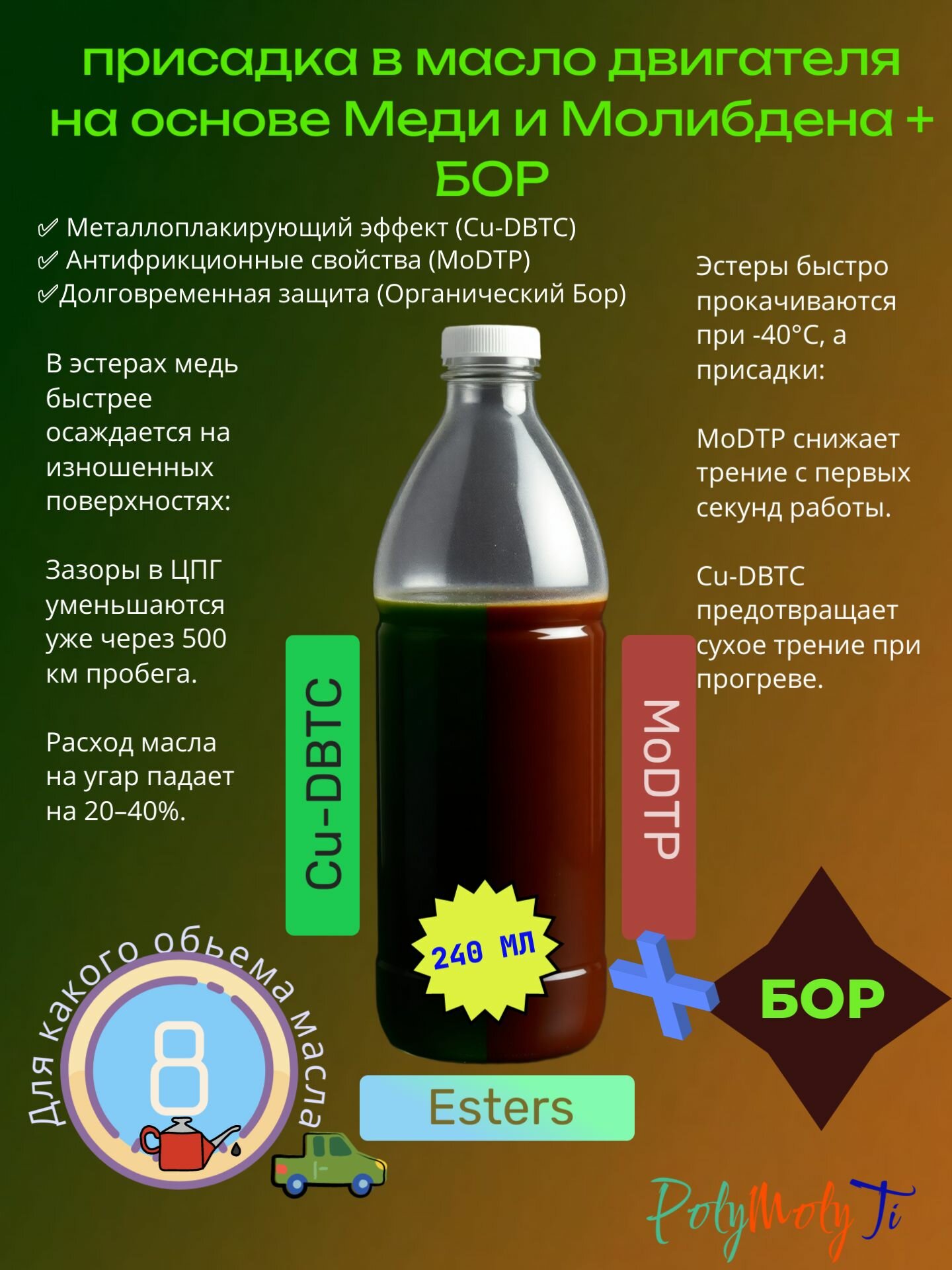 Присадка в масло двигателя с Молибденом Медью Бором на 8 литров. 240 мл. Снижает износ и трение, уменьшает расход масла, выравнивает компрессию. PolyMolyTi