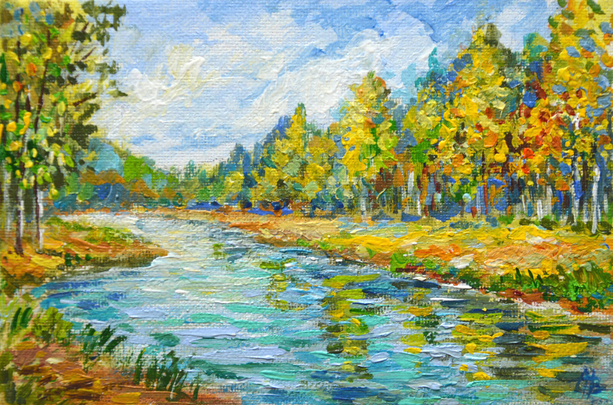 Картина магнитная "Пейзаж с рекой" 10х15 см, картон/масло, ручная работа