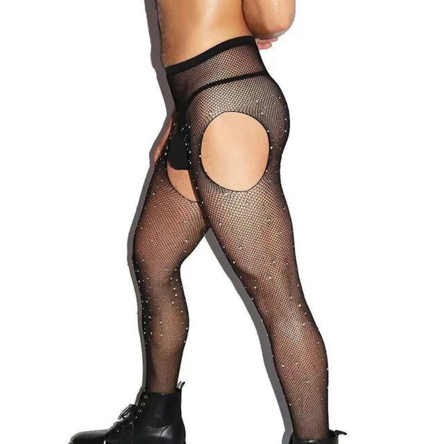 Блестящее фетиш-белье и колготки для мужчин, чулки до бедра для взрослых мужчин, сетчатые колготки без промежности, украшенные стразами.