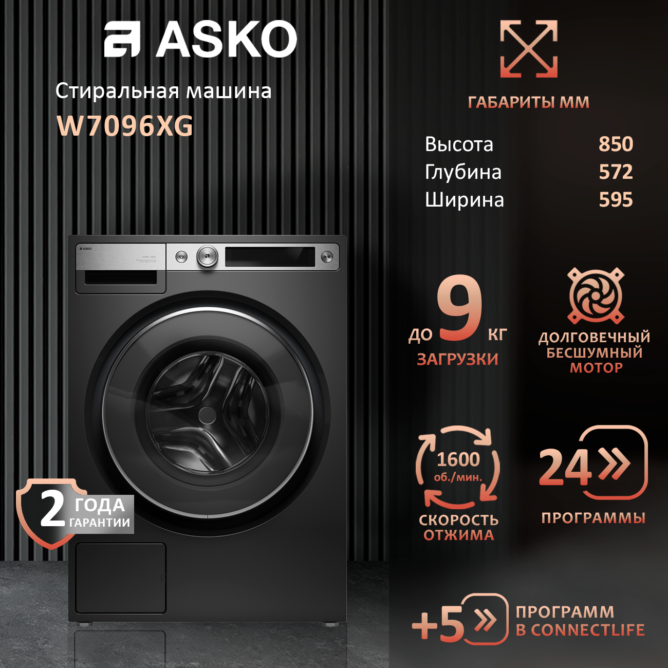Стиральная машина Asko W7096XG на 9кг, отжим 1600 об/мин, пар