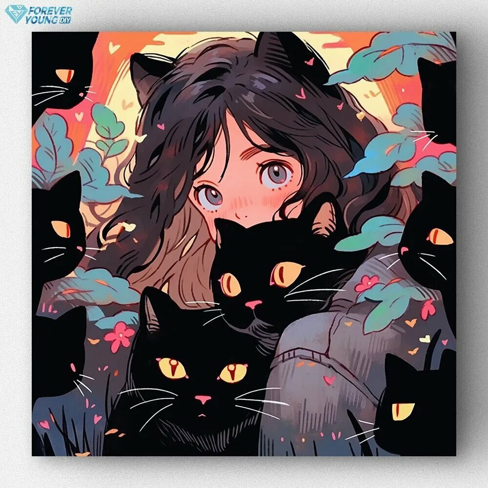 Алмазная мозаика, алмазная вышивка 40x40 см с квадратными и AB стразами - Красочная картина девушки с черными кошками, безрамочная