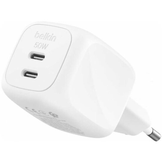 Сетевое зарядное устройство Belkin 50Вт, Boost Charge Pro, 2*USB-C, GaN, белый
