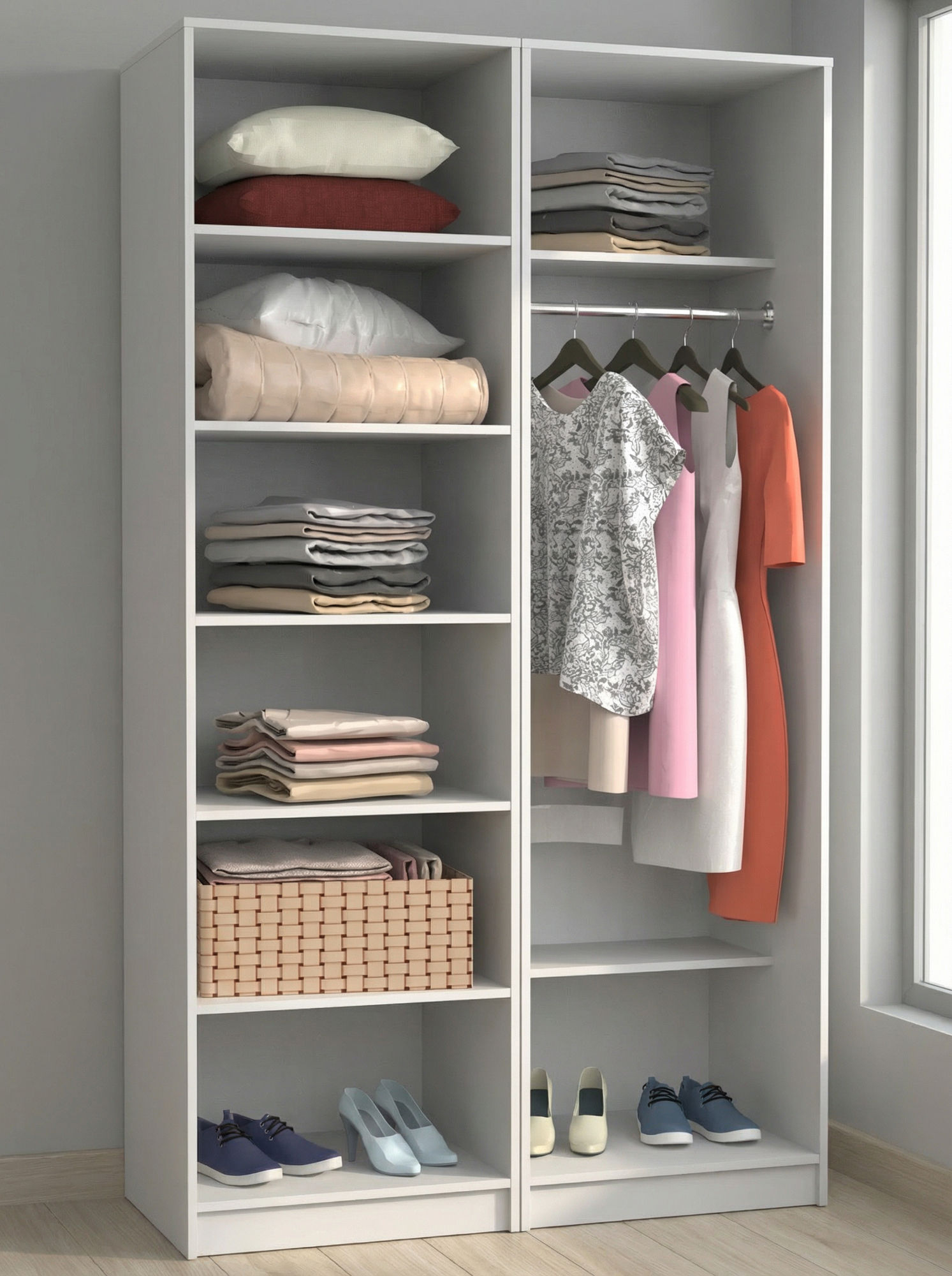 Открытый гардеробный шкаф Макс-6 со штангой для вешалок и 8 полками, ШхГхВ: 120х50х210 см, белый