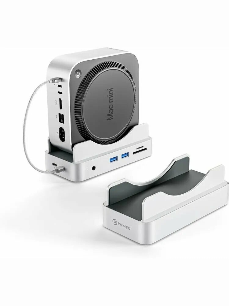 USB HUB Phixero Mac mini M4 (6-в-1) с SSD NVMe, алюминиевая подставка, USB-A 10 Гбит/с, SD/TF-ридер, компактный дизайн