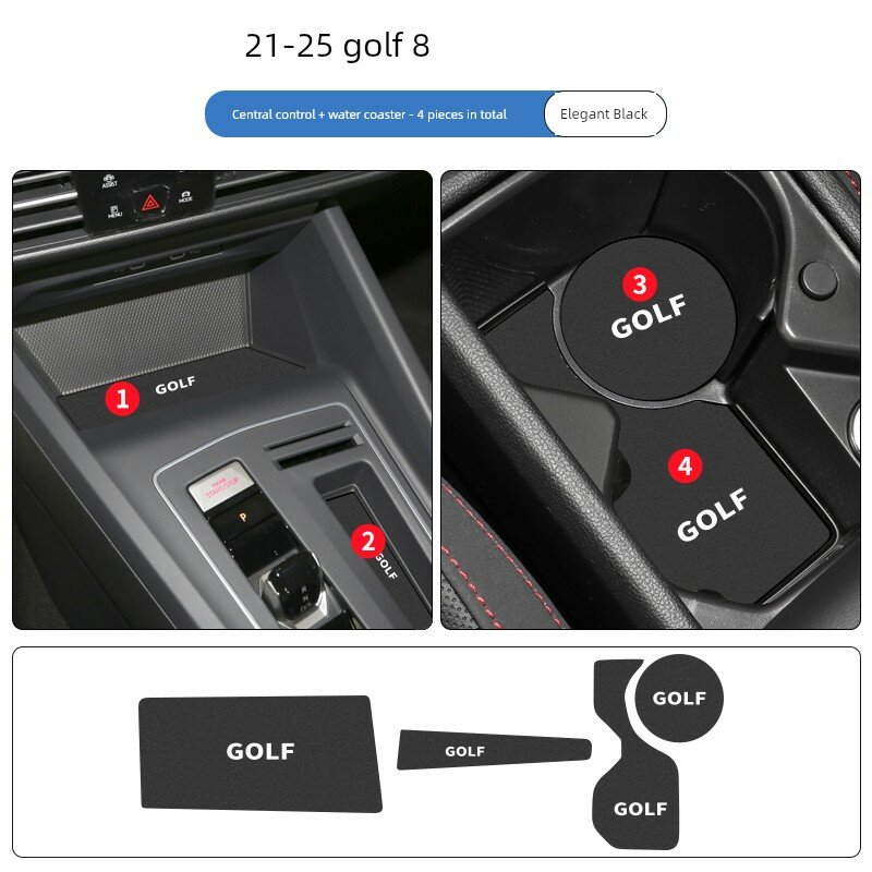 Набор ковриков для центральной консоли и подстаканника Volkswagen Golf 8 2021-2025, черный, 4 шт. для салона автомобиля