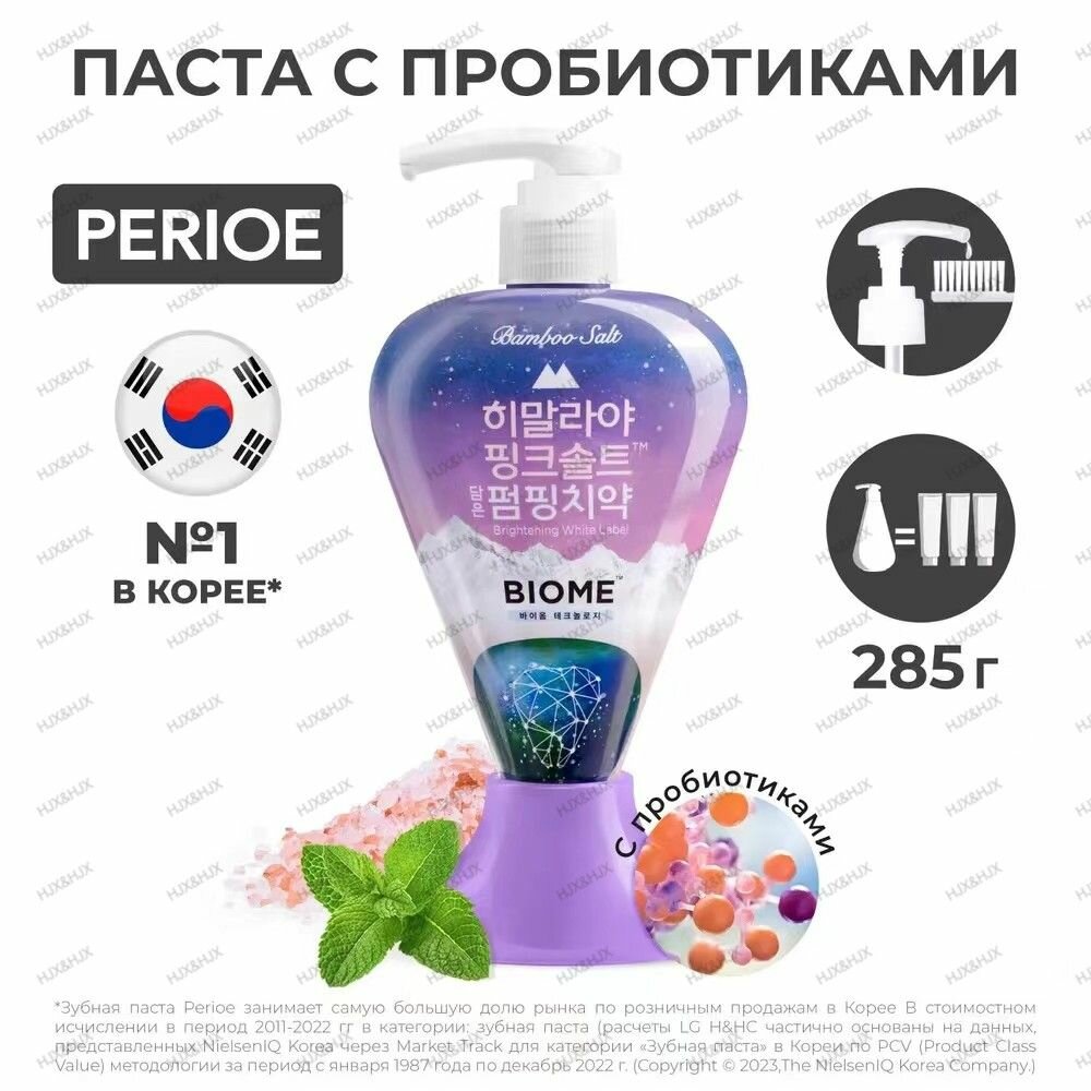 Корейская зубная паста гель Perioe Pumping Biome с розовой солью и пробиотиками для здоровья десен с дозатором 285 г