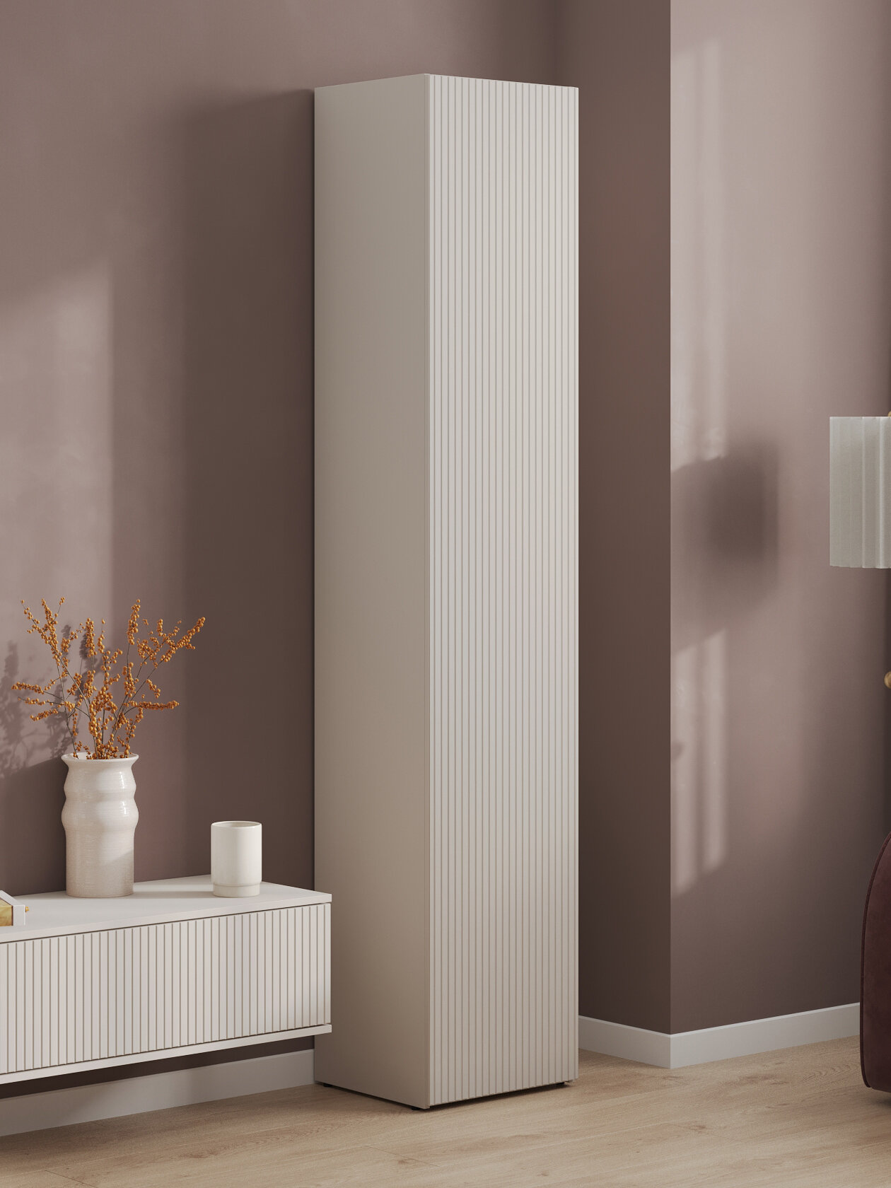 Распашной шкаф-пенал для одежды и хранения вещей Амели с полками, с фрезеровкой, 45х40х231 см, Кашемир