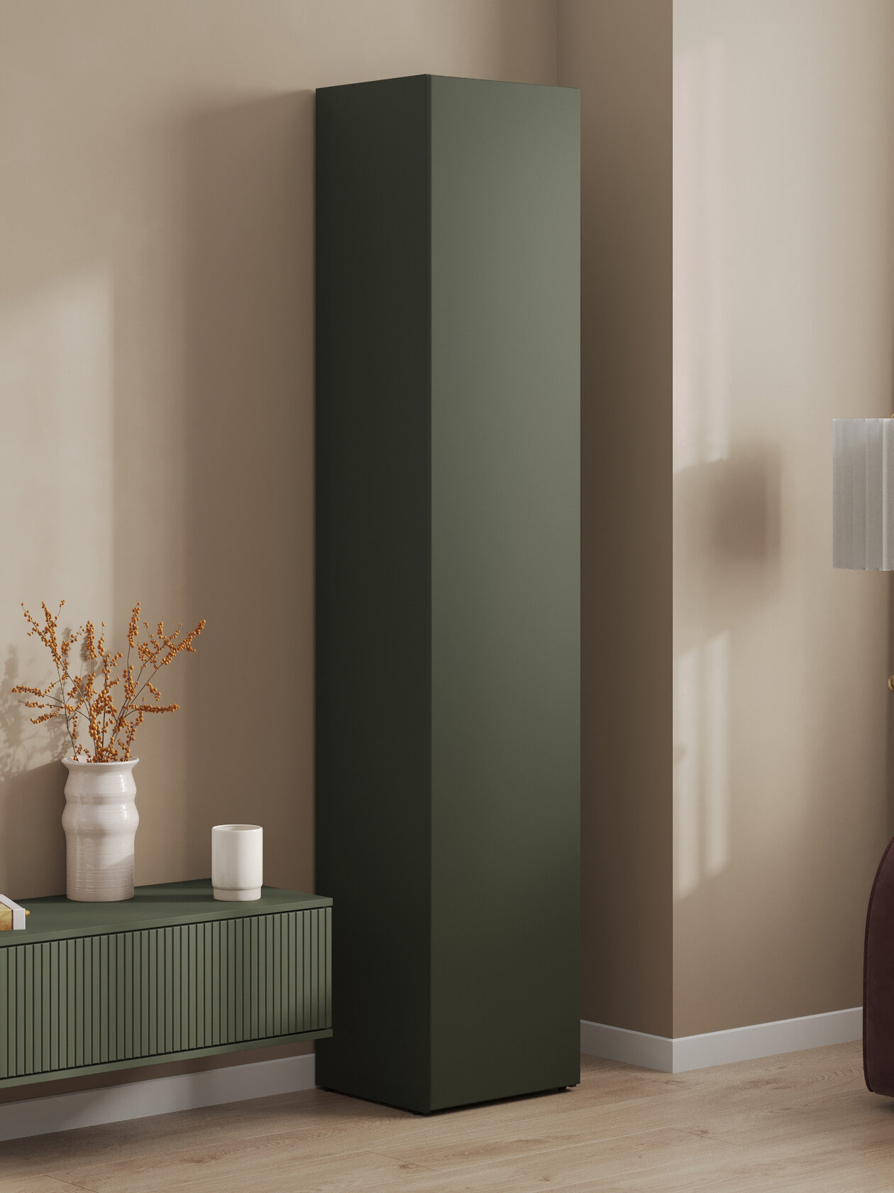 Распашной шкаф-пенал для одежды и хранения вещей Амели Стандарт с полками, 45х40х231 см, Оливковый базальт