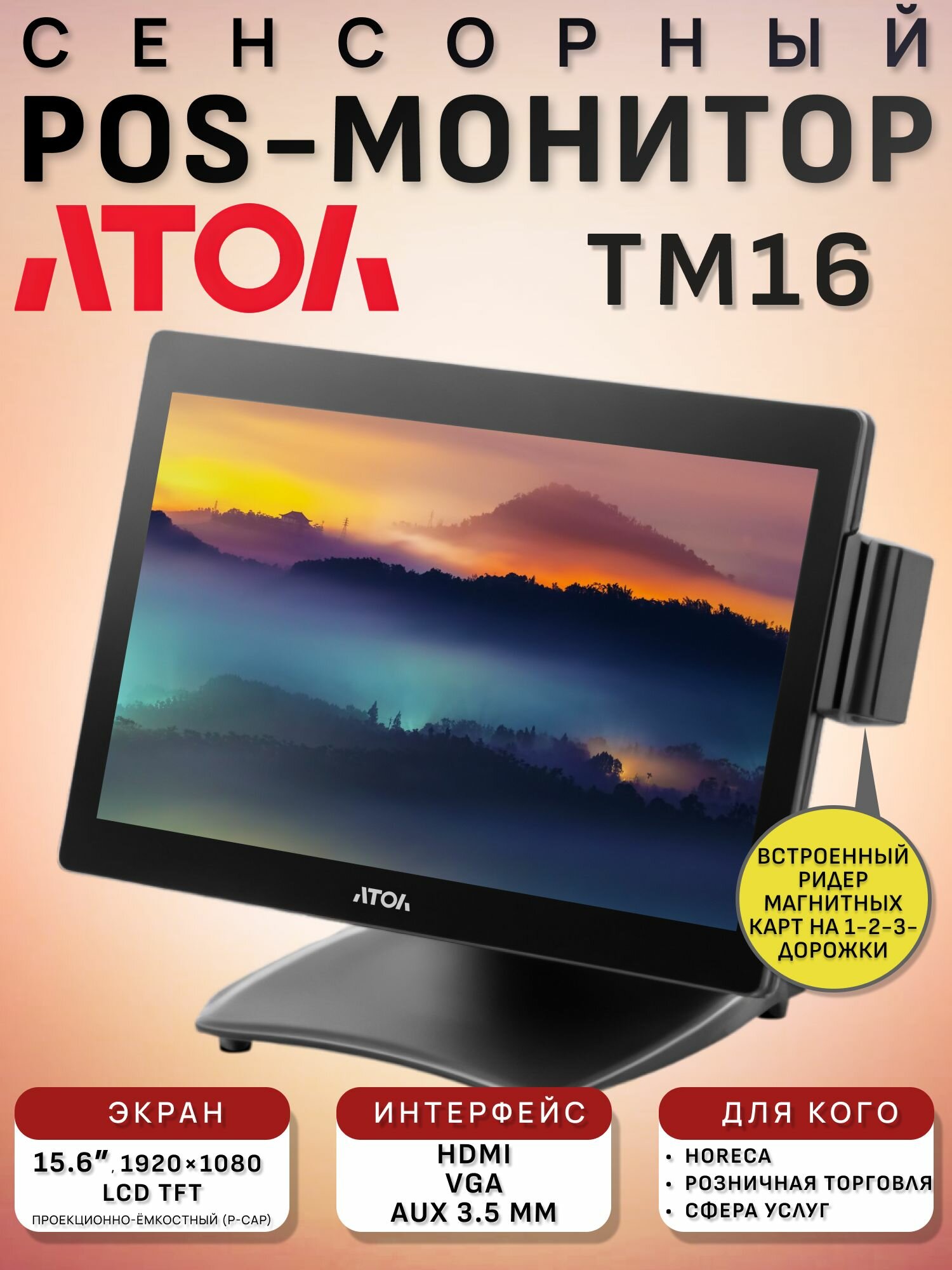Сенсорный POS-монитор 15.6" АТОЛ TM16, P-CAP, без рамки, MSR-ридер, HDMI+VGA, складная подставка, встроенные динамики