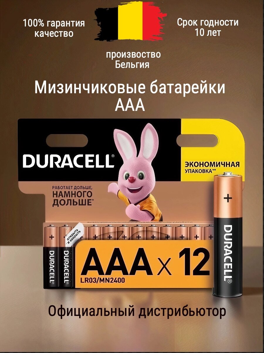 Батарейки Duracell ААА 12 шт, Basic, 1500 мА/ч, алкалиновые, мизинчиковые, блистер