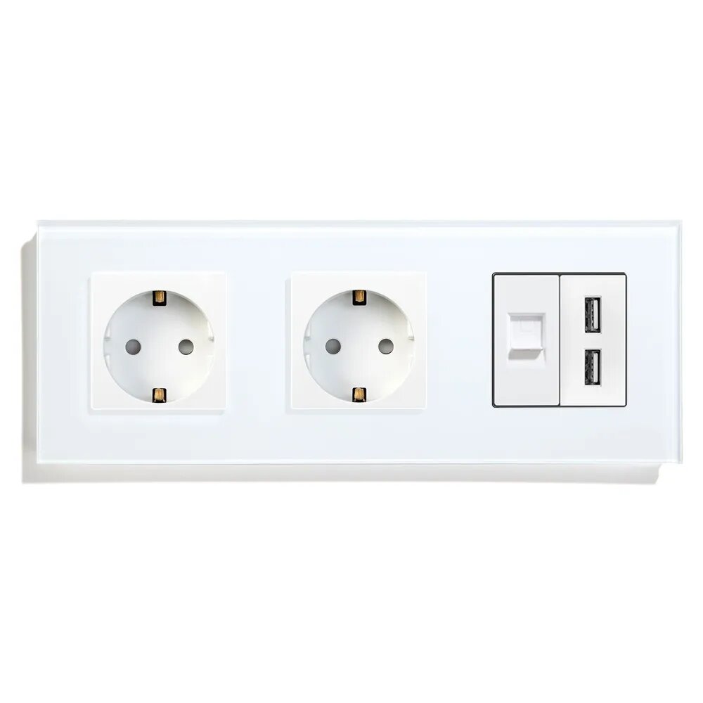 Розетка с комп RJ-45 / USB+TYPE-C(20W), интернет CAT5+USB+TYPE-C+2розетка, рамка стекло Белый