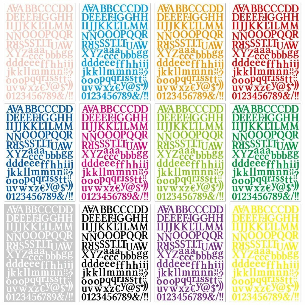 12 листов наклеек с буквами и цифрами, разноцветные наклейки с алфавитом для знаков