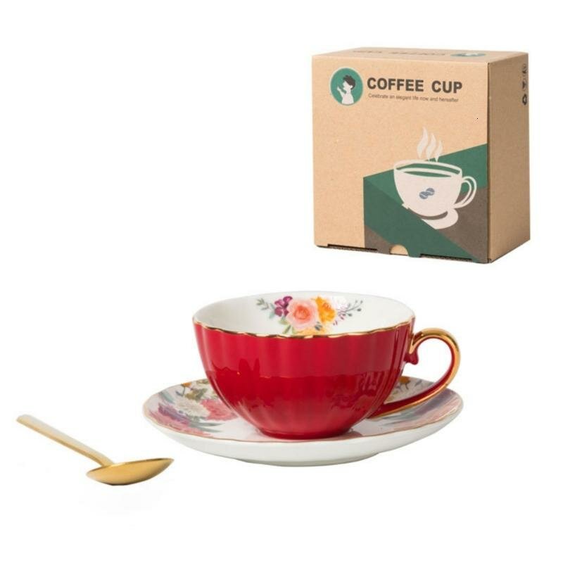 Керамическая кружка с блюдцем, винтажный узор, красная коробка из воловьей кожи 5
