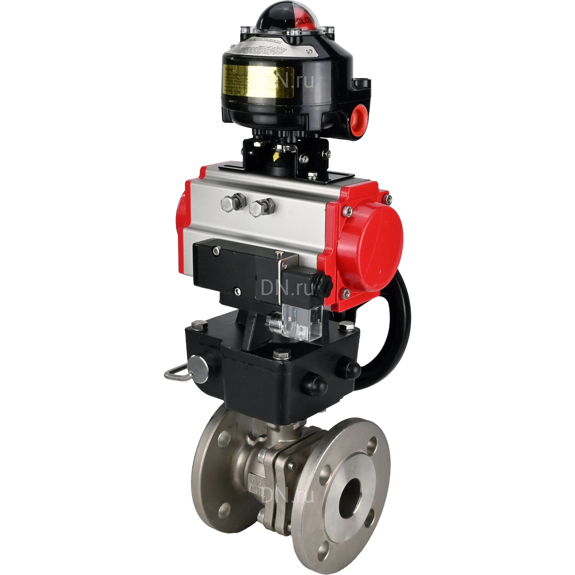 Кран шаровой DN.ru кшфп 316.200 Ду125 Ру16 фланцевый, полнопроходной, 2-составной, нержавеющая сталь SS316, уплотнение PTFE, с пневмоприводом DA-140 пневмораспределителем PND2-S1EM-52-1NC-J08-24VDC редуктором HDM-4 БКВ LSB-510-02ExM12-250