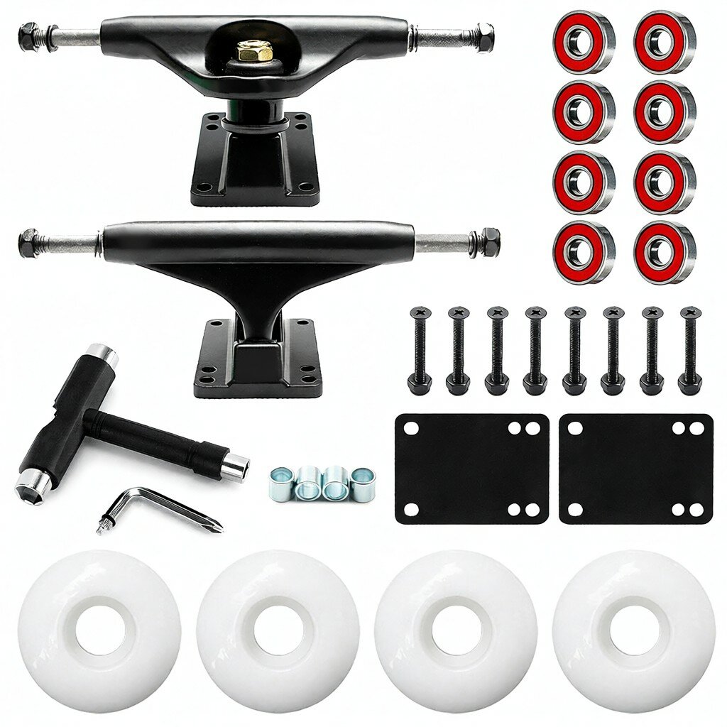 Набор для скейтборда: 2 мосты, 4 колеса PU (белые/черные/зеленые), 52*32 мм, 8 подшипников из углеродистой стали, 2 подкладки PU, 1 ключ T, 8 винтов из углеродистой стали, hardware для скейтборда и лонгборда