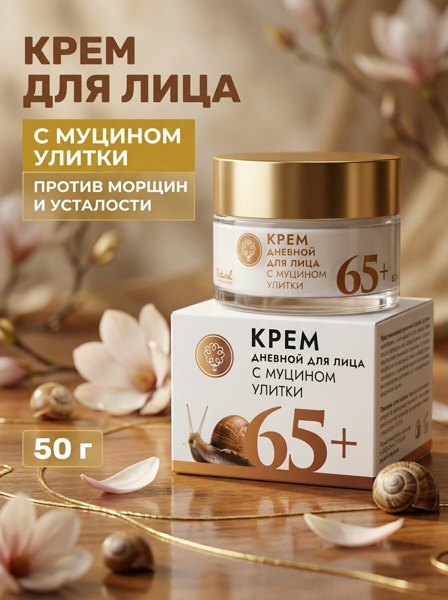 Крем для лица дневной 65+ с муцином улитки для сухой увядающей кожи увлажняющий антивозрастной, 50 г