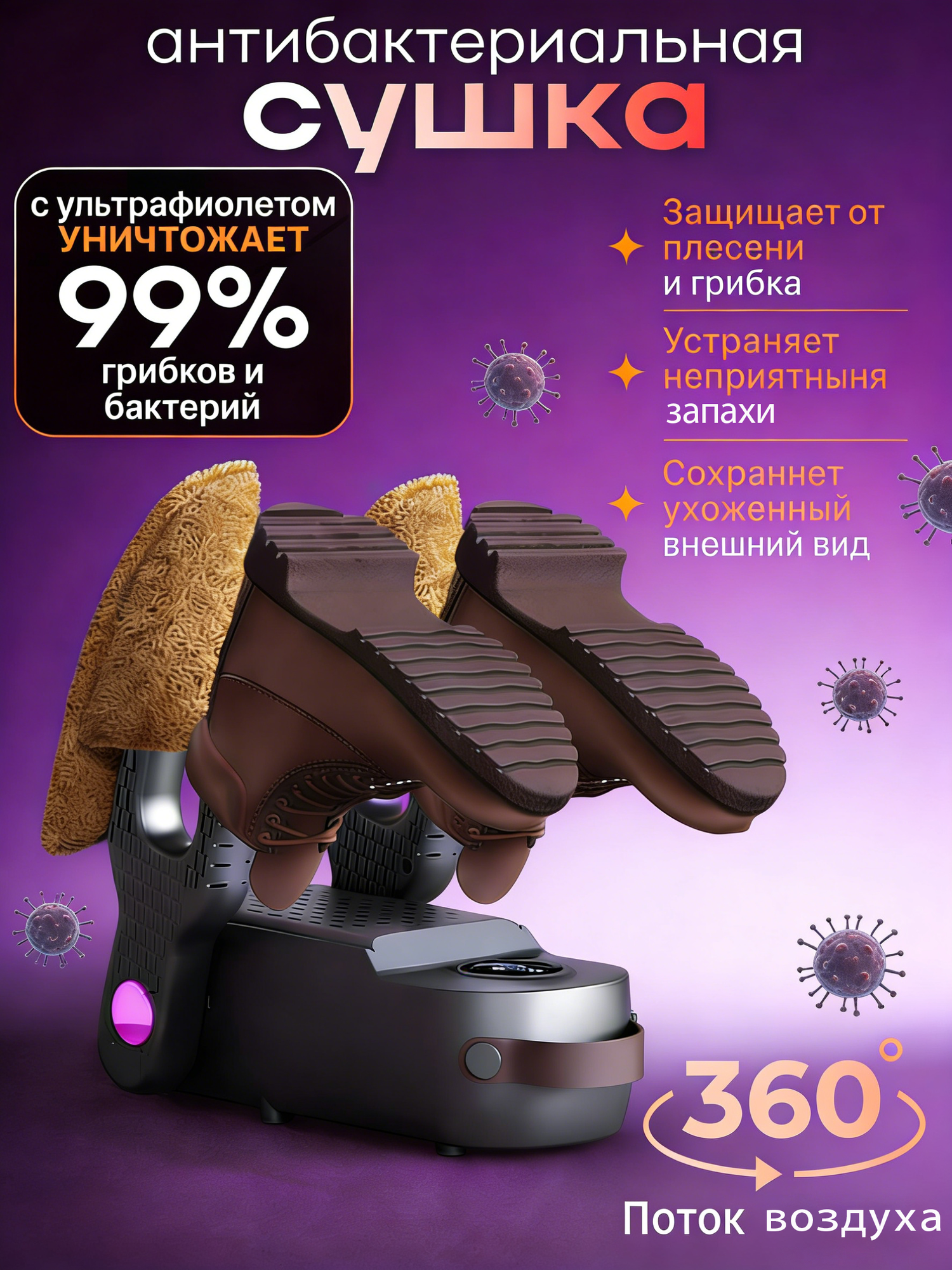 Электросушилка фен для обуви антибактериальная, переносная с ультрафиолетом для обуви
