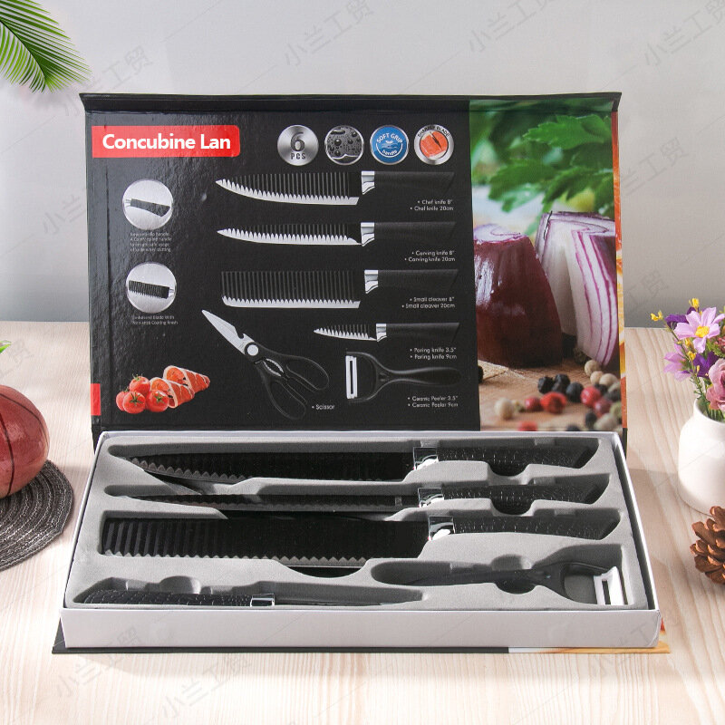 Горячая распродажа 238A Набор из шести ножей с черным волнообразным узором, антипригарные ножи для нарезки мяса, кухонный набор ножей