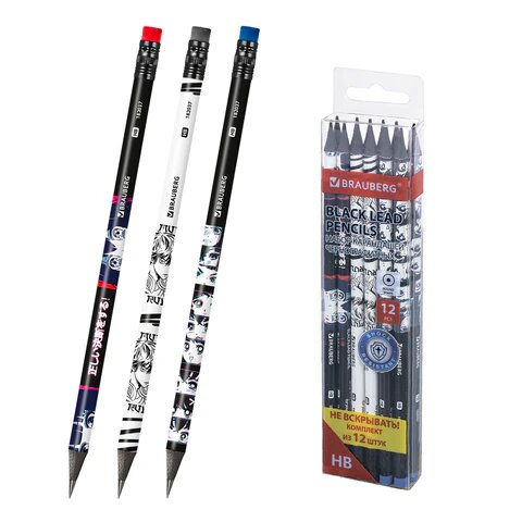 Набор карандашей чернографитных BRAUBERG "MANGA", 12 штук, HB, с ластиком, корпус ассорти, 182037