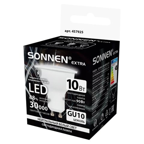 Лампа светодиодная SONNEN EXTRA, 10 (90) Вт, GU10, софит, нейтральный белый, 30000 ч, LED MR16-GU10-10W-4000, 457925