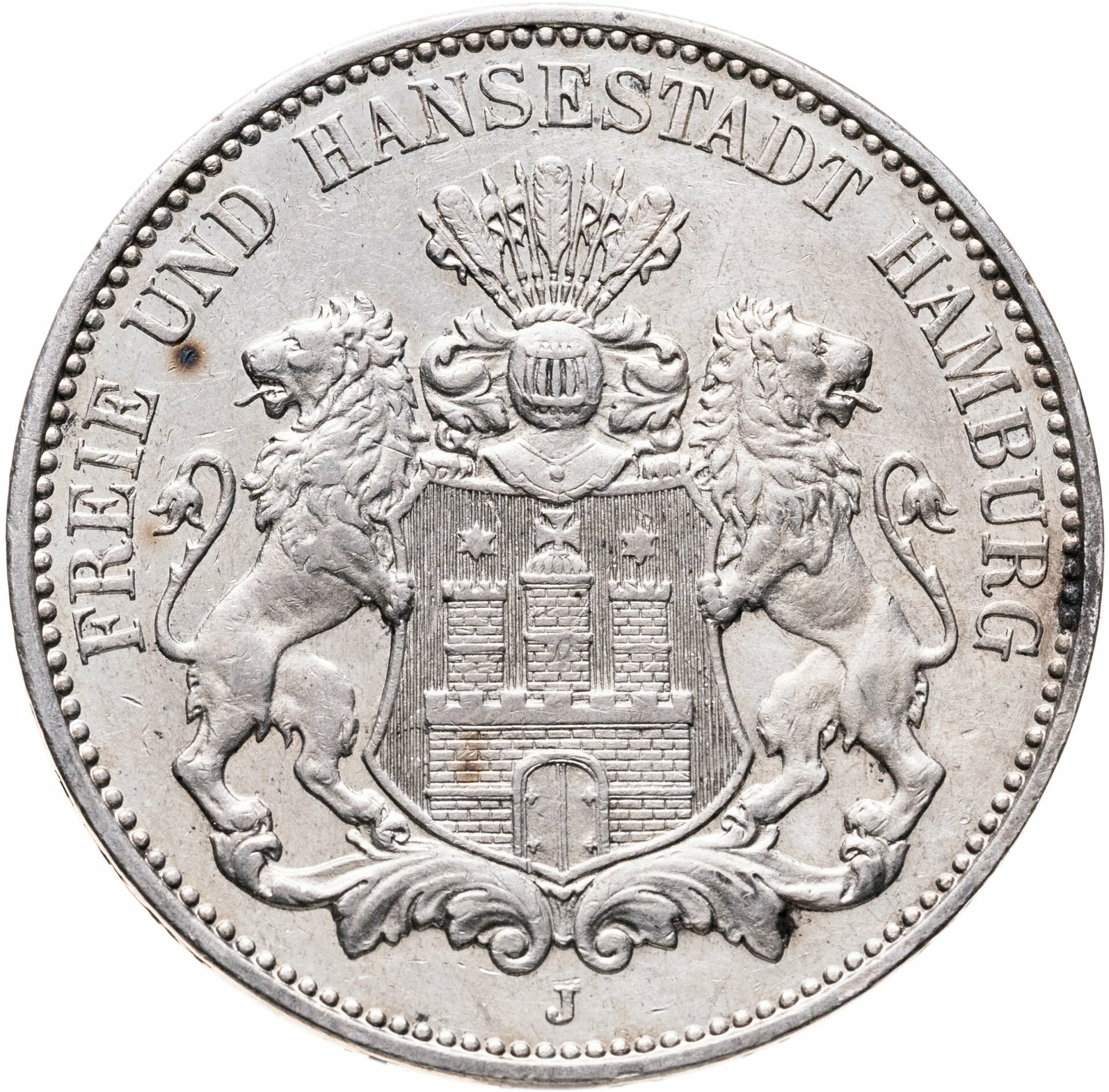 Германская империя, Гамбург 3 марки mark 1913 J, Серебро 900, в сохранности XF