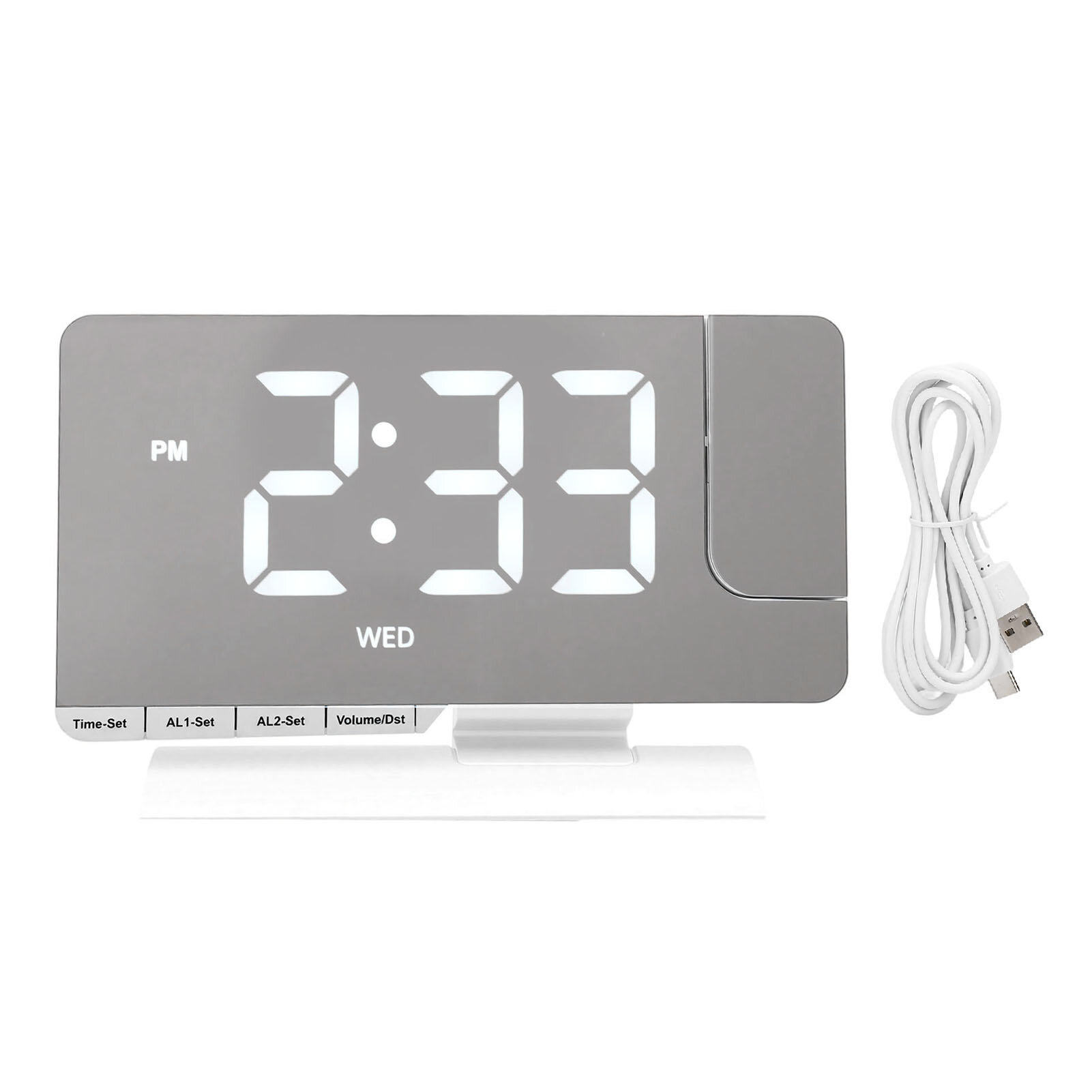 Проекционный будильник, большой светодиодный дисплей, 6 уровней яркости, вращающийся на 180 градусов проектор, двойной будильник, цифровые часы, белый цвет