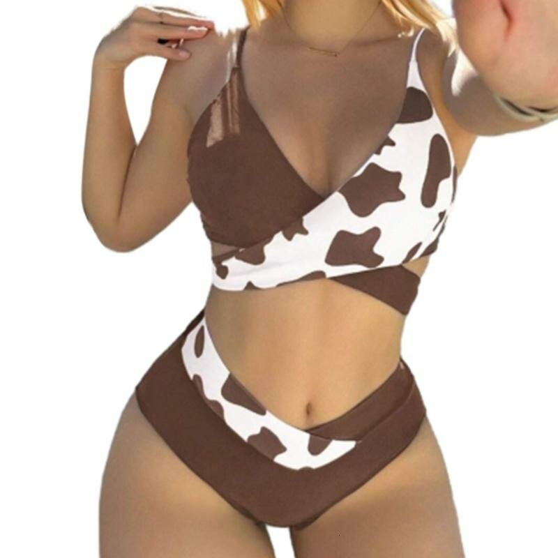 Женский купальник двухкомпонентный с высокой талией, кофе - S