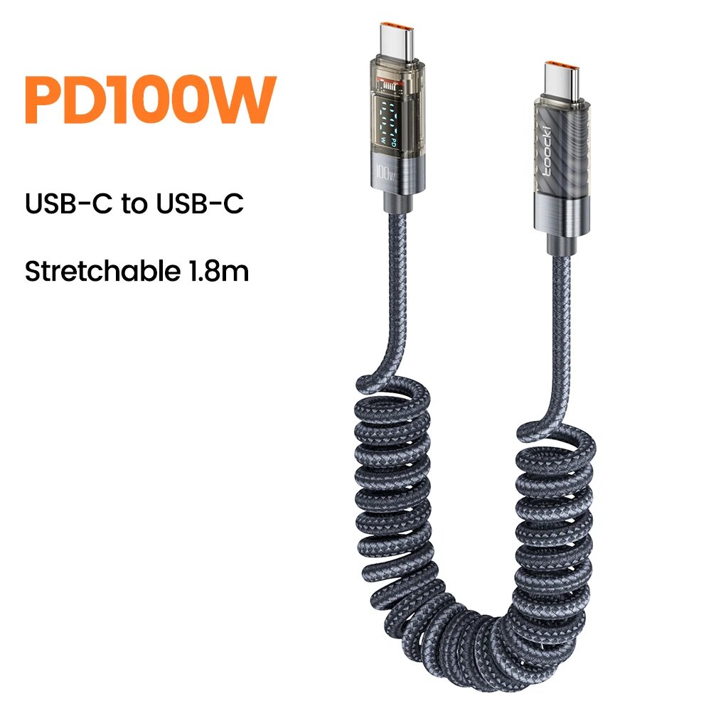 Toocki USB-C to USB-C спиральный кабель, 1.8м, PD100W, серый