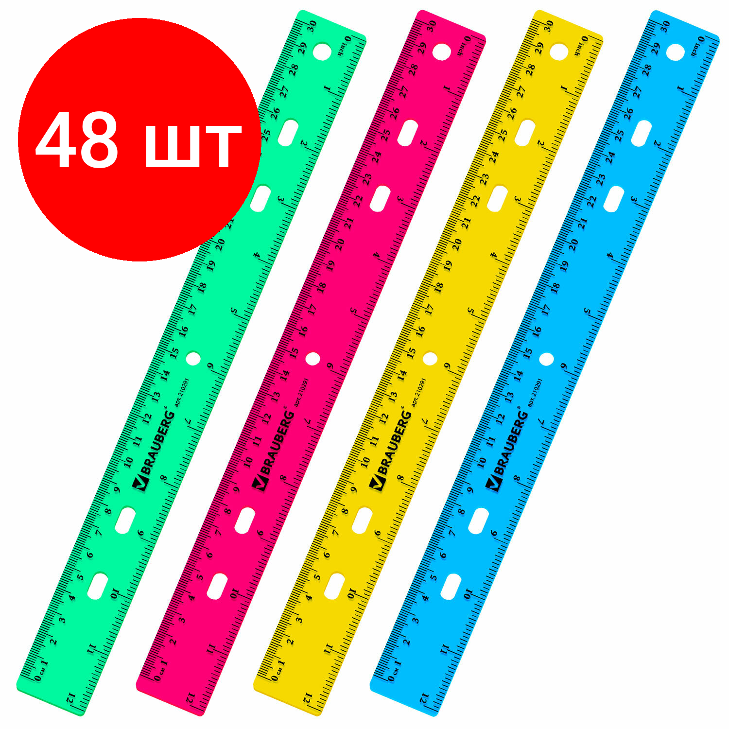 Комплект 48 шт, Линейка пластиковая 30 см, BRAUBERG "Crystal", тонированная, ассорти, 210291