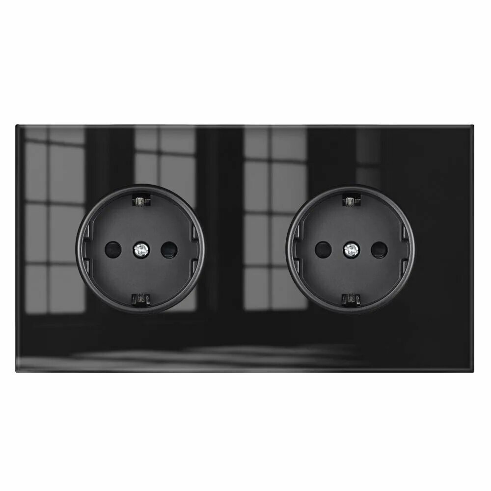 Розетка электрическая 2 поста, с заземлением, Защитные шторы, рамка153х82мм стекло, цвет чёрный