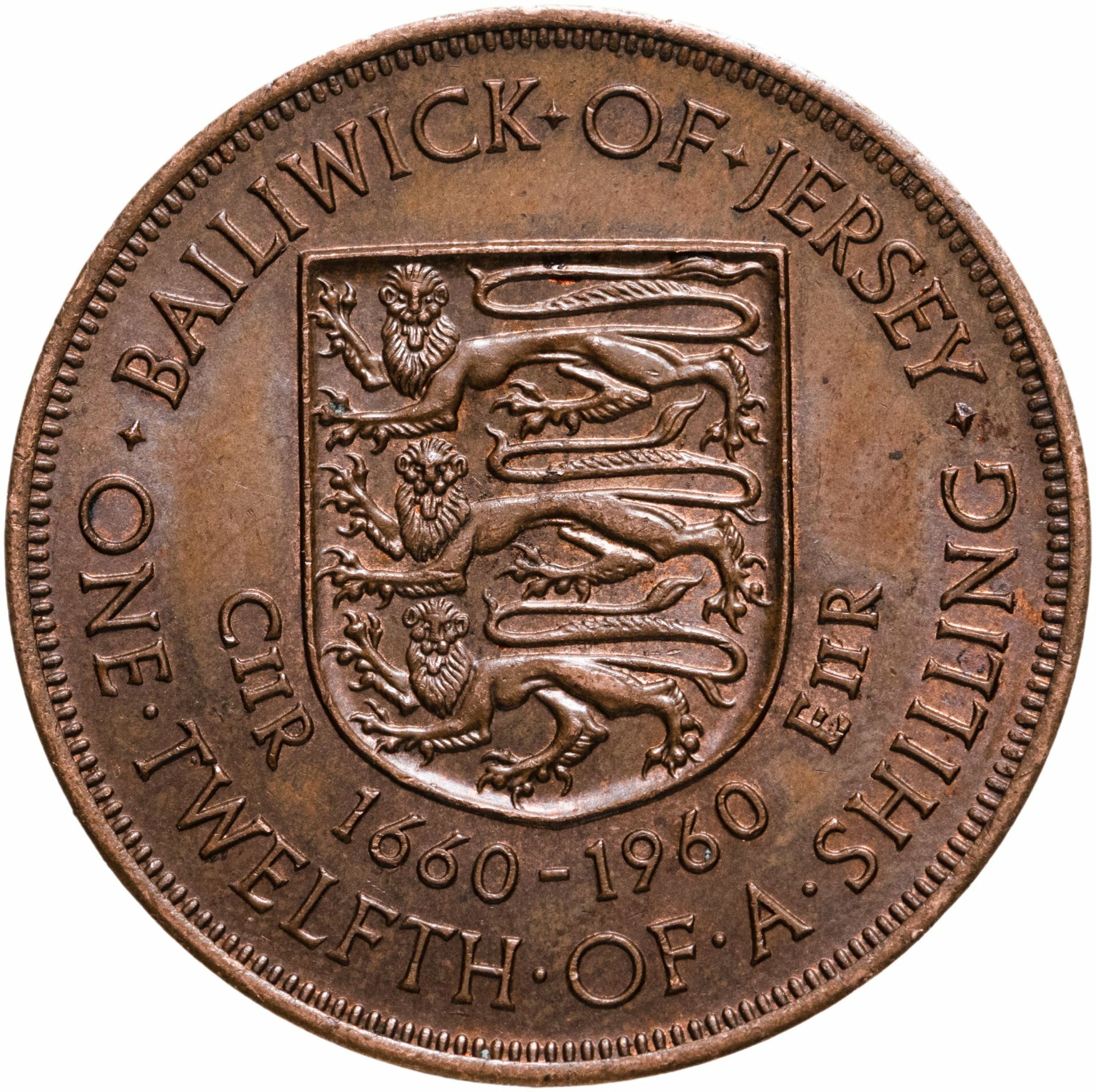 Джерси 1/12 шиллинга shilling 1960 "300 лет вступления на престол короля Карла II", Бронза, в сохранности XF-AU