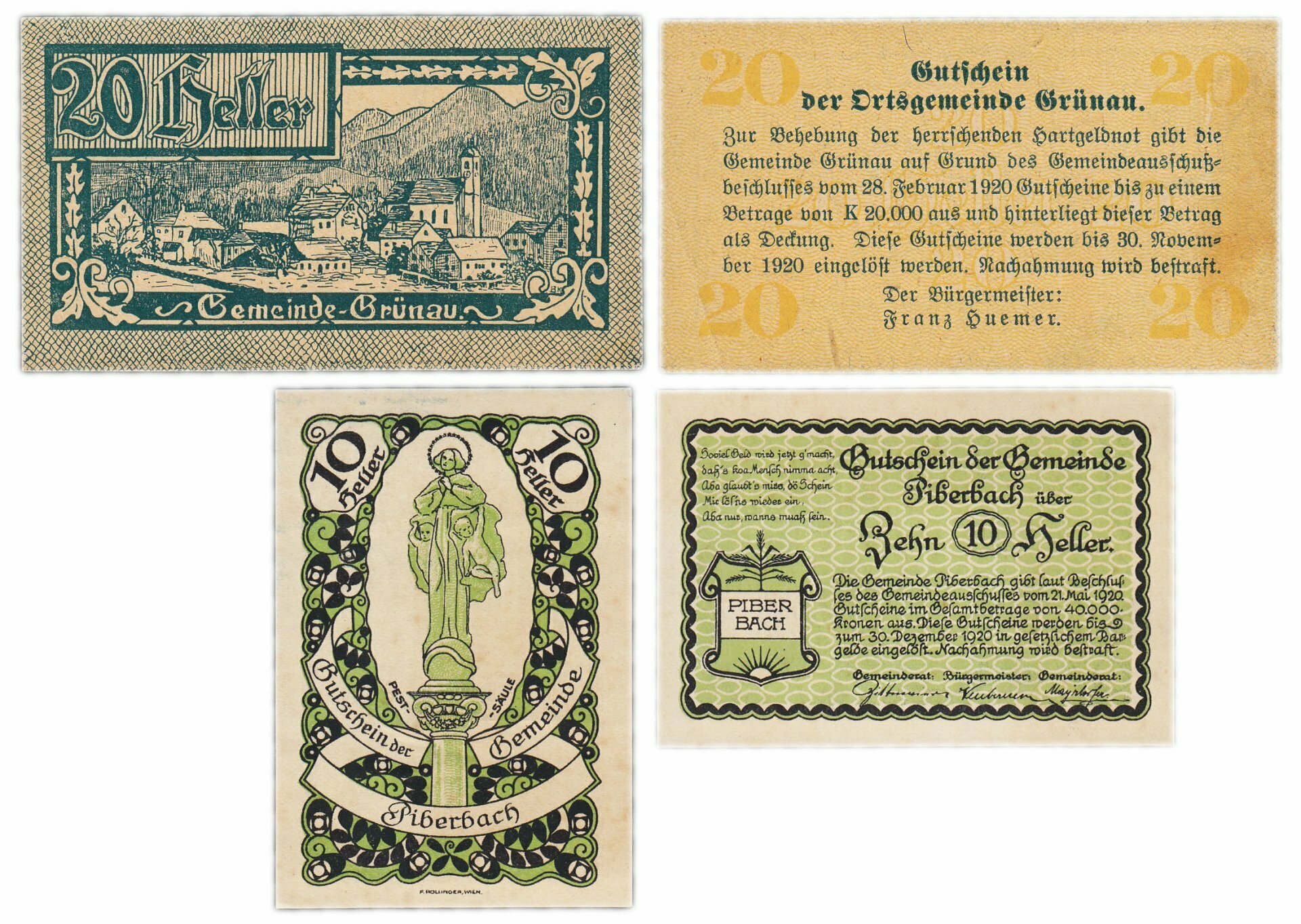 Австрия набор из 2 банкнот 10, 20 геллеров 1920