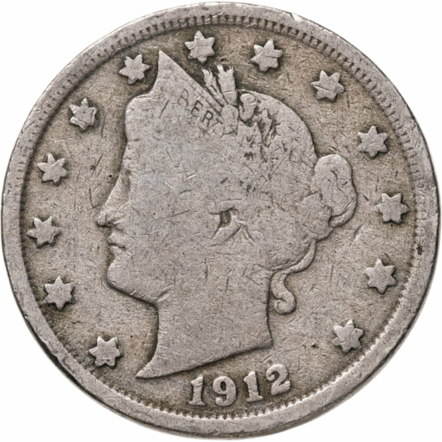 США 5 центов cents 1912 Liberty Nickel, Мельхиор медь-никель, в сохранности F-VF