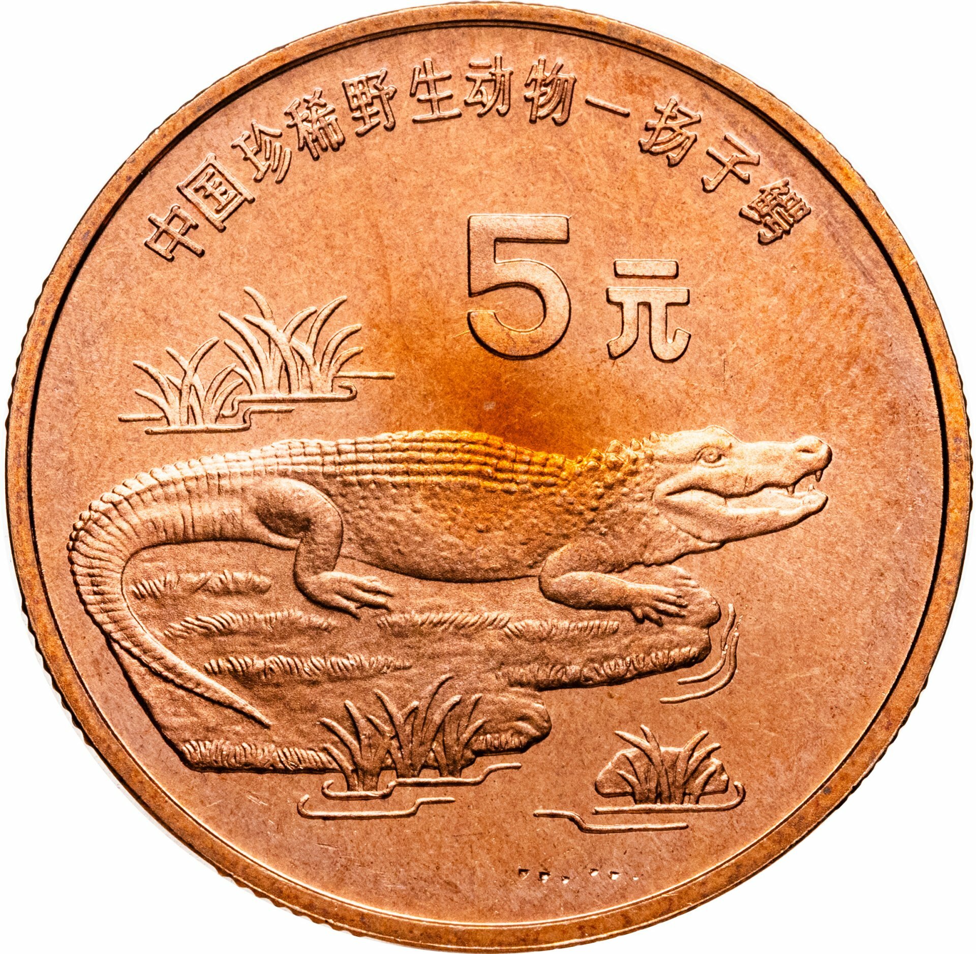 Китай 5 юаней 1998 "Красная книга - Китайский аллигатор", Медь, в сохранности UNC