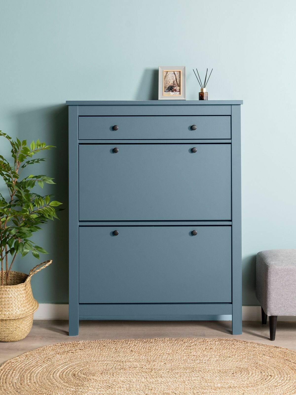 Обувница Сага с 2 откидными ящиками 92х122 темно-бирюзовая, ГУД лакк