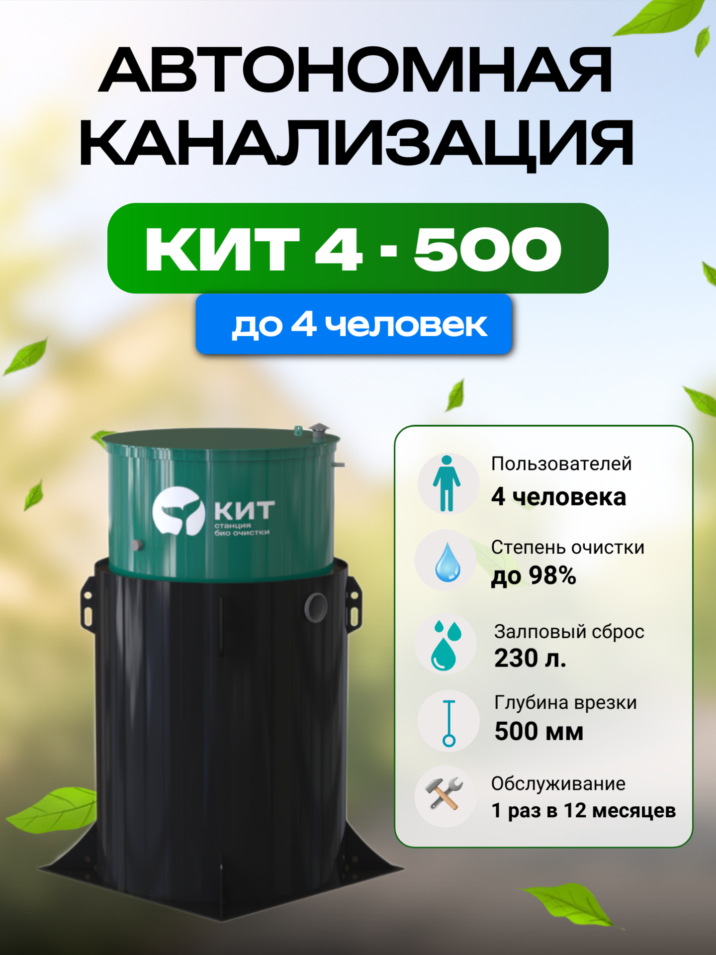 Септик КИТ-4-500 для дома и дачи, глубина врезки 500 мм, 4 пользователя, 230 л залповый сброс