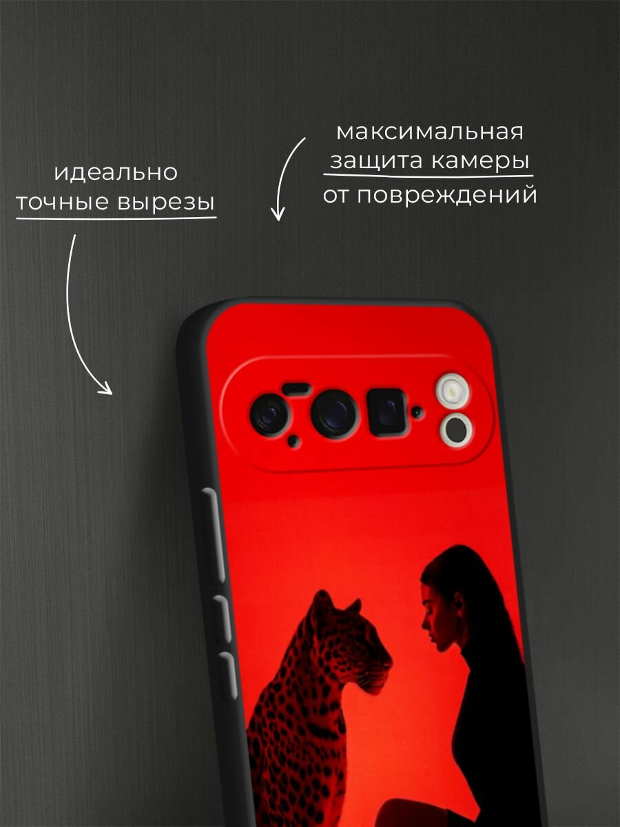 Черный матовый чехол на Google Pixel 10 Pro / Гугл Пиксель 10 Про с принтом Девушка с леопардом — фото 1