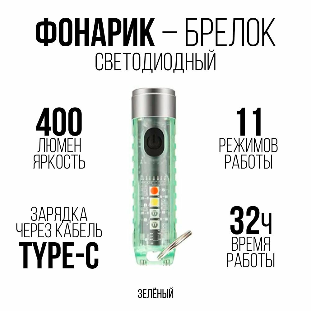 Карманный мультифункциональный фонарик-брелок светодиодный зелёный