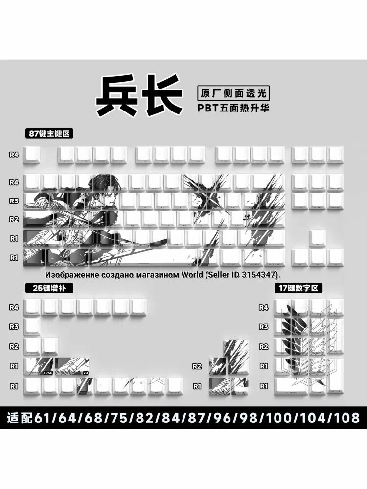 Кейкапы для механической клавиатуры, Леви Аккерман (черно-белые), Levi Ackerman, 129 шт, PBT, сублимационная печать, боковая подсветка, профиль Cherry (в коробке)