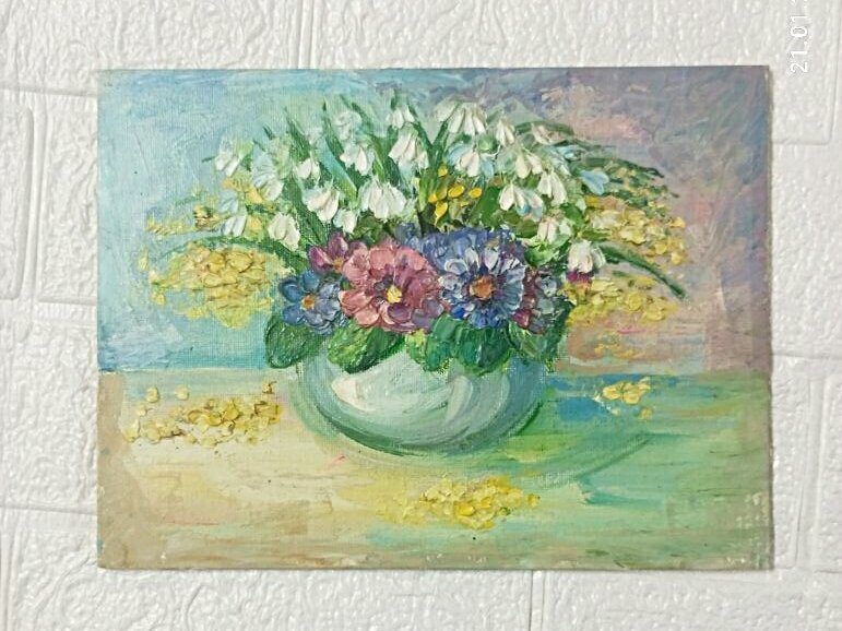 Картина маслом Первоцветы Весенние цветы Букет 24/18 см