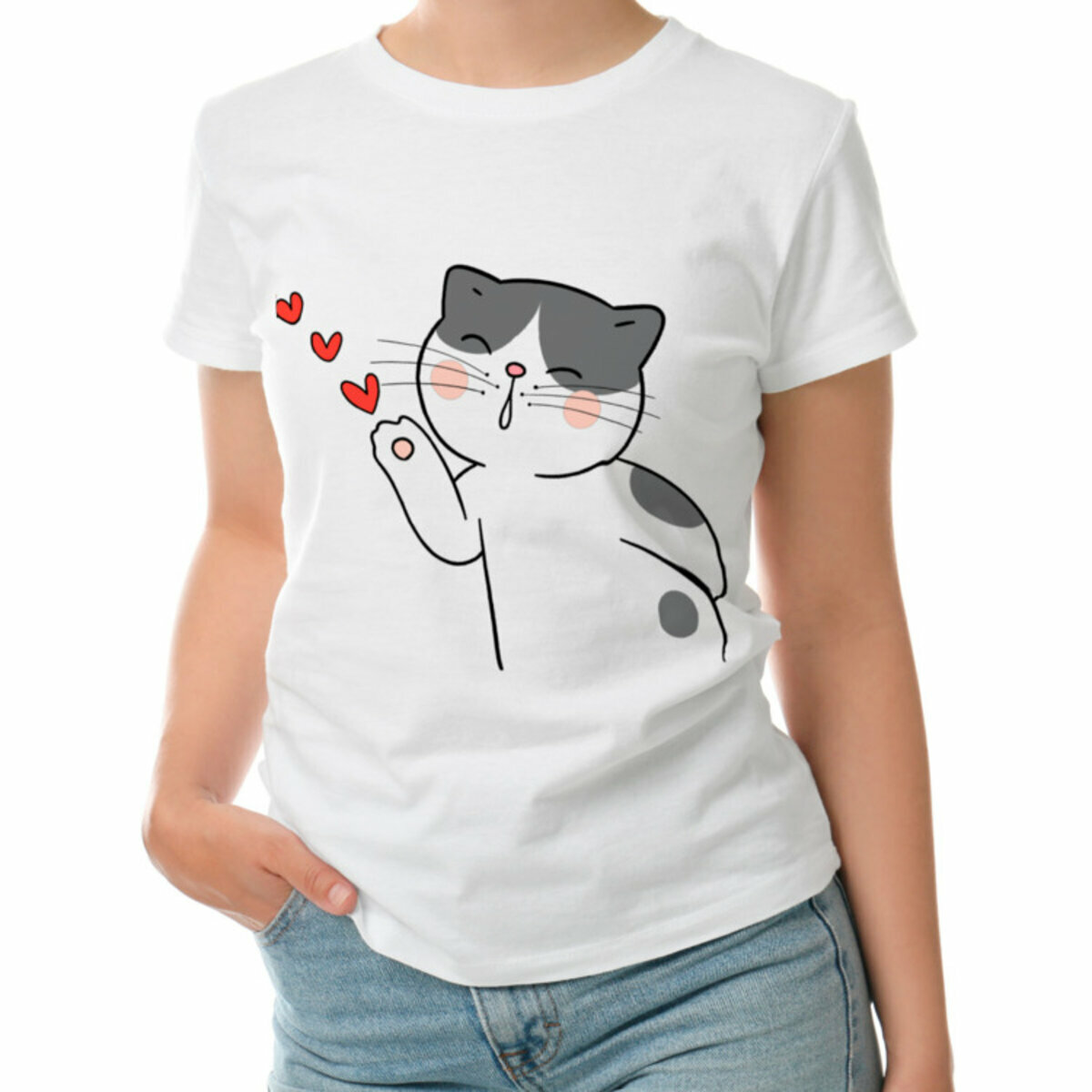 Женская футболка «Сердечки и котик: дизайн для влюблённых» (белый, XL)