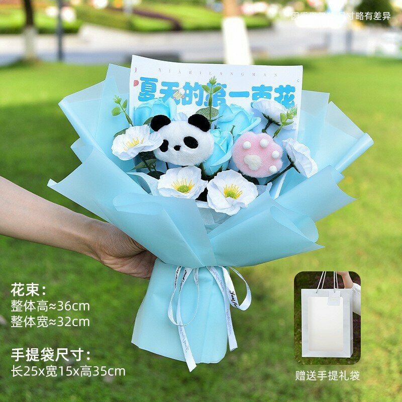 Букет из креативных плюшевых панд, мыльные розы, засушенные цветы, готовые подарки для друзей, подарки к выпускному, подарки от флориста к Международному женскому дню и Международному женскому дню.