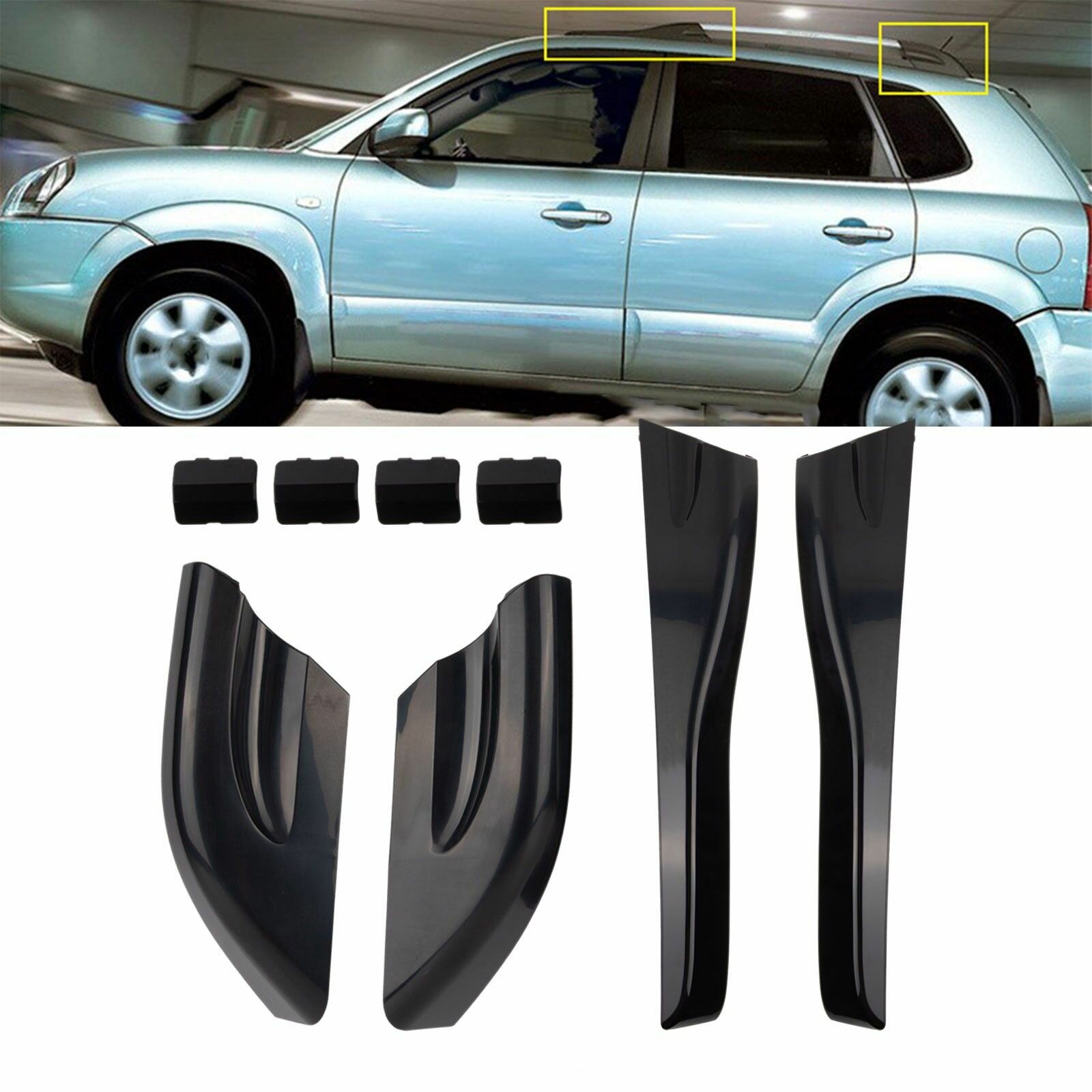 Торцевые крышки багажника на крышу Hyundai Tucson 2004-2008, черные, комплект 8 шт, персонализация внешнего вида