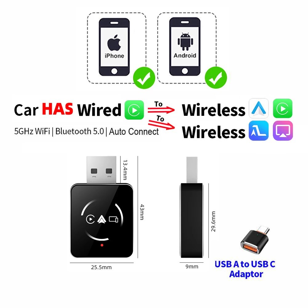 Беспроводной адаптер EKIY 4-в-1 для CarPlay, Android Auto, AirPlay: мини-смарт-бокс, универсальный Bluetooth/Wi-Fi донгл