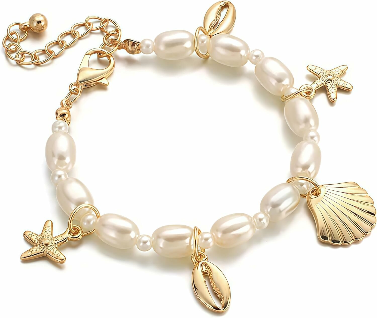 Женский набор браслетов на лодыжку из ракушек, золотой браслет на лодыжку в богемном стиле с бусинами, регулируемый, гавайский пляжный браслет на лодыжку из ракушек, жемчуга, сердца, морской звезды и раковины, ювелирное украшение в подарок.