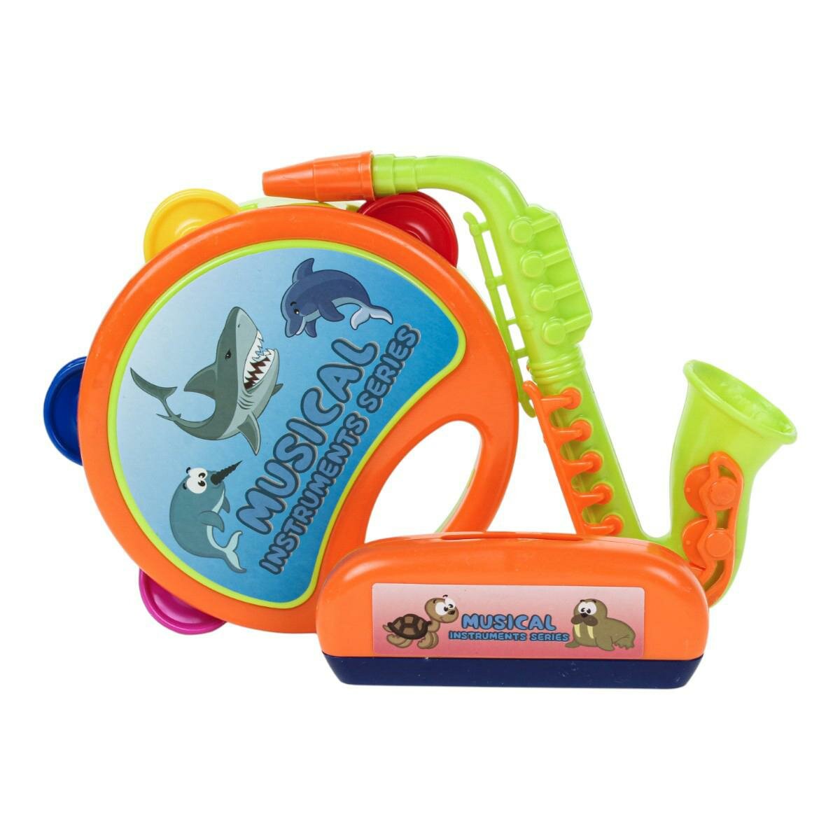 Набор музыкальных инструментов для детей, 3 предмета: бубен, саксофон, губная гармошка, пластик